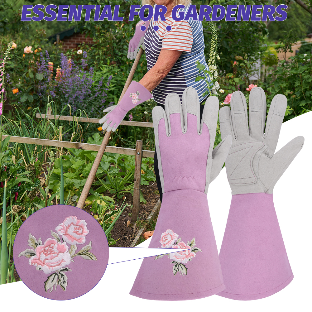 Guanti da giardinaggio a maniche lunghe donna regalo ricamo rosa pelle artificiale