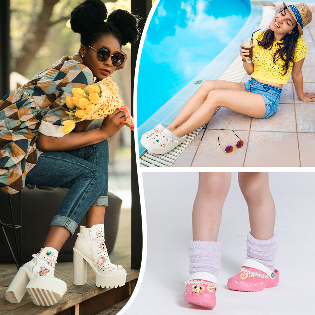 16 pz zoccoli decorazione scarpe sandali catena di perle ciondoli moda adulti strass