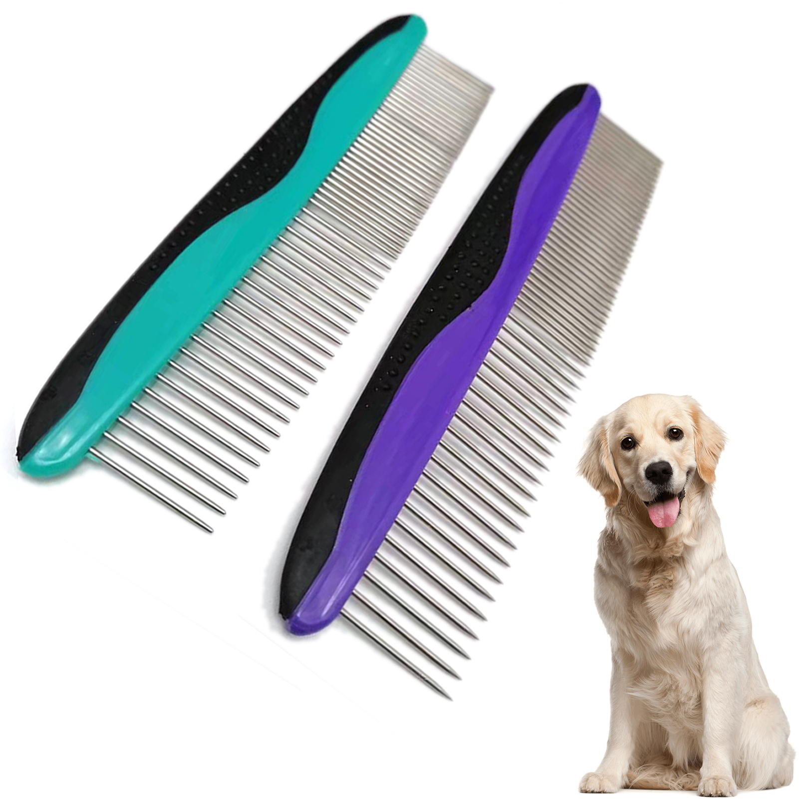 2pcs Knots Stainless Steel Teeth Comfortable Handle Pet Grooming Comb ...