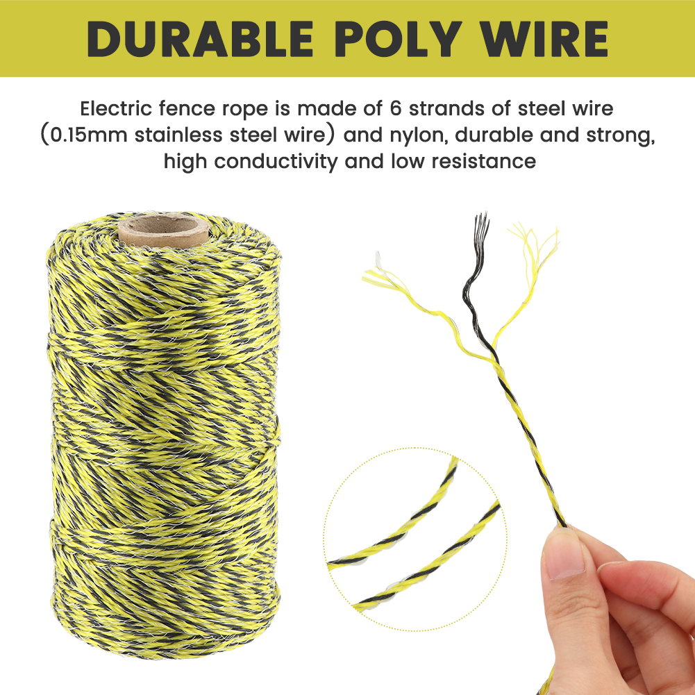 200m/656ft Rope Electric Fence Polywire Set 6 Steel Strands Black ...